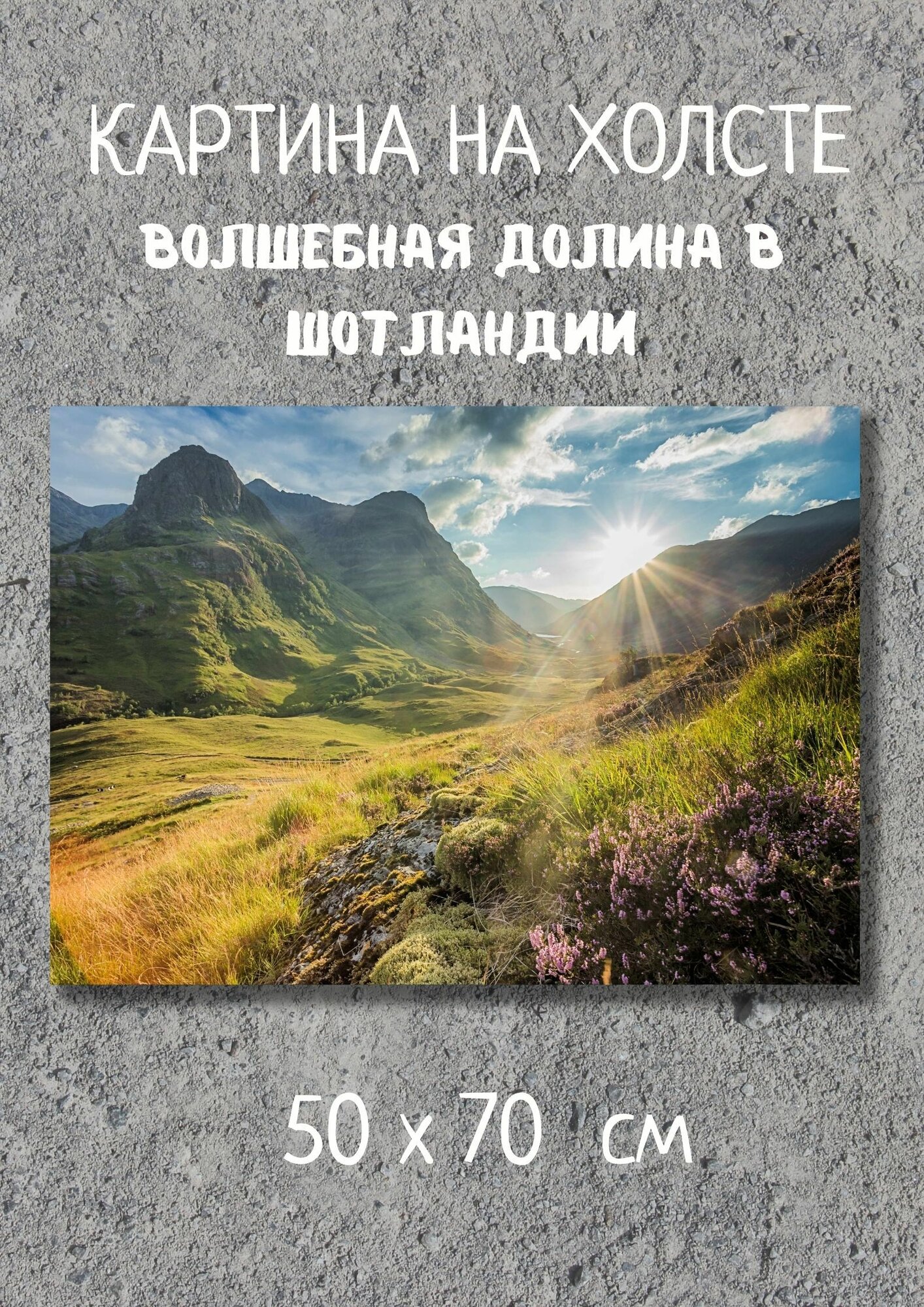 Картина на холсте 70х50 с долиной "Волшебная долина в Шотландии"