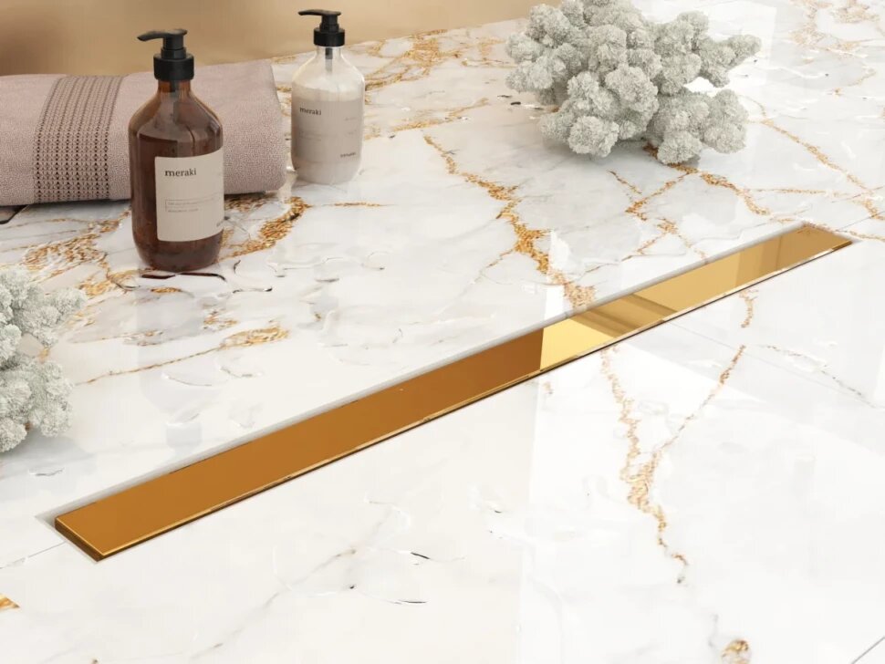 Душевой трап (лоток) Plumberia Selection Modular PSM90OR 90 см, с решеткой, 2 в 1 под плитку, золотой