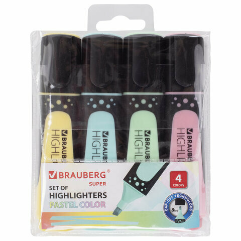 Набор текстовыделителей BRAUBERG 4 шт, Ассорти, "SUPER PASTEL", прорезиненный корпус, линия 1-5 мм, 151756