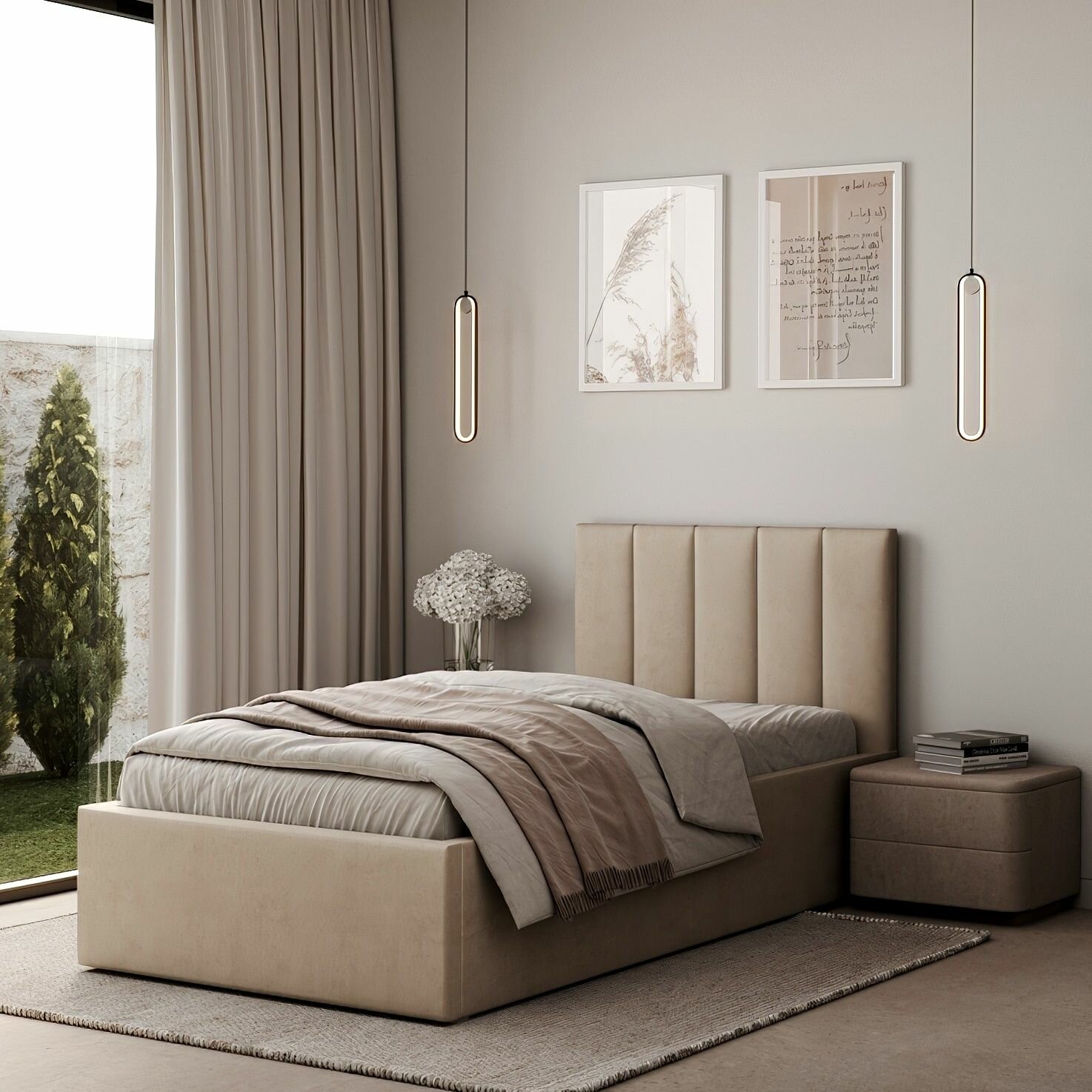 Кровать с матрасом 80х200 односпальная с подъемным механизмом, с ящиком для белья, бежевая