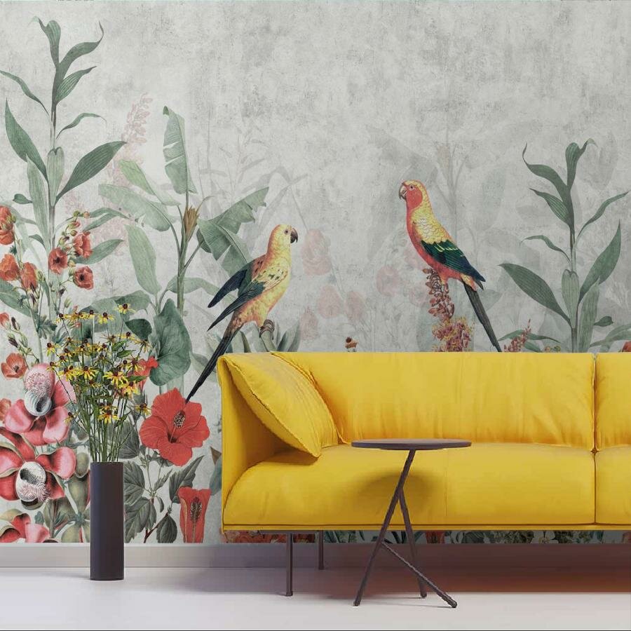 Фотообои Попугаи в тропиках 12-1847-S-Флок 270 x 200 см (ВхШ) Бесшовные, флизелиновые, влагостойкие обои