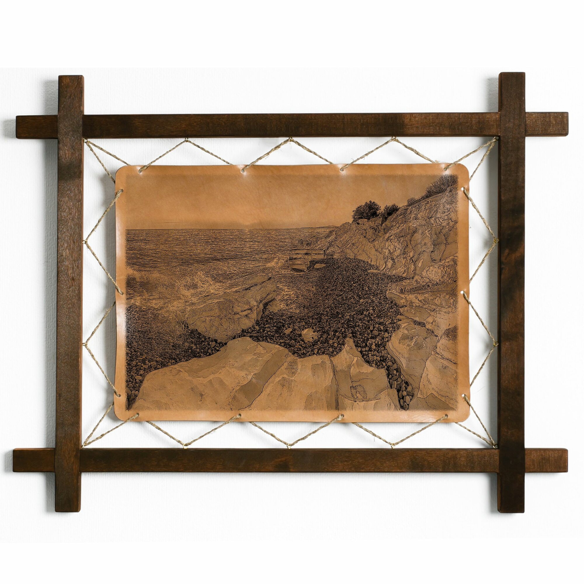 Интерьерная картина из натуральной кожи "Пляж Белые скалы", декоративное настенное панно в деревянной раме, BoomGift