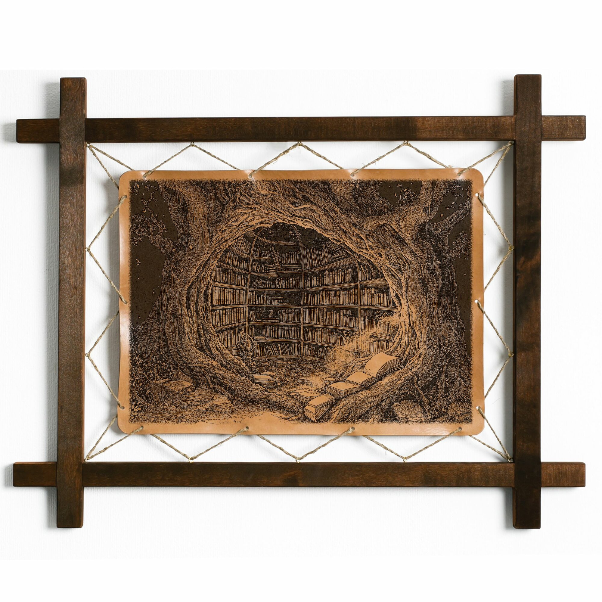 Интерьерная картина из натуральной кожи "Магическая библиотека внутри дерева", декоративное настенное панно в деревянной раме, BoomGift