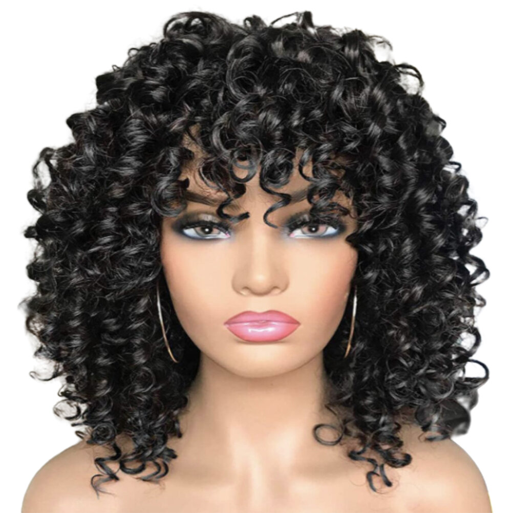 Натуральные афро-парики для чернокожих женщин, короткие вьющиеся парики с челкой, прически для косплей-вечеринок, короткие вьющиеся афро-парики для женщин