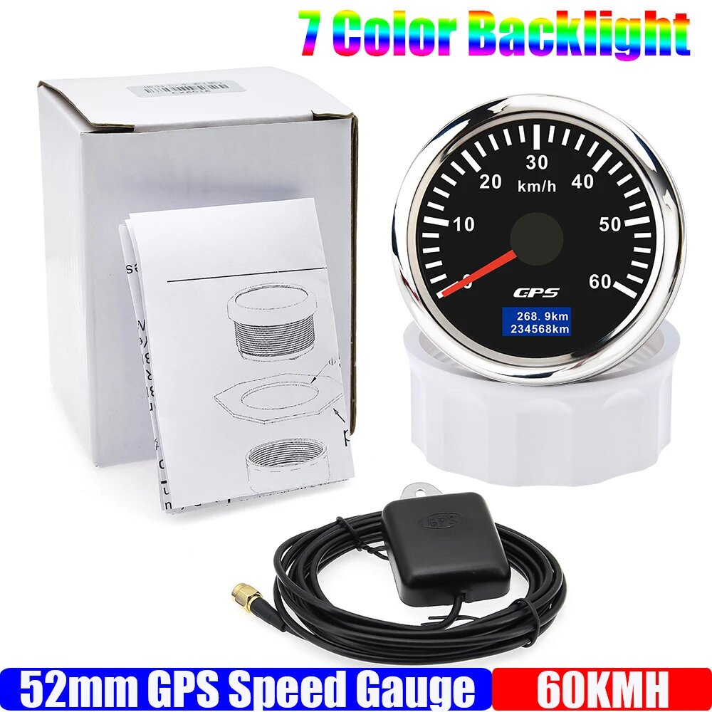 30-120KMH 52 мм GPS-спидометр с антенной 60KMH Измеритель скорости 7-цветная подсветка Одометр для автомобиля, морской лодки, 12V24V Custom 60KMH BS
