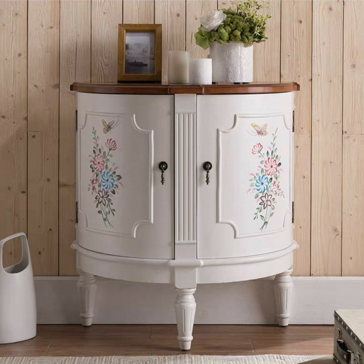 Тумба полукруглая во французском старинном стиле Dieval (Белое основание+ столешница темное дерево)