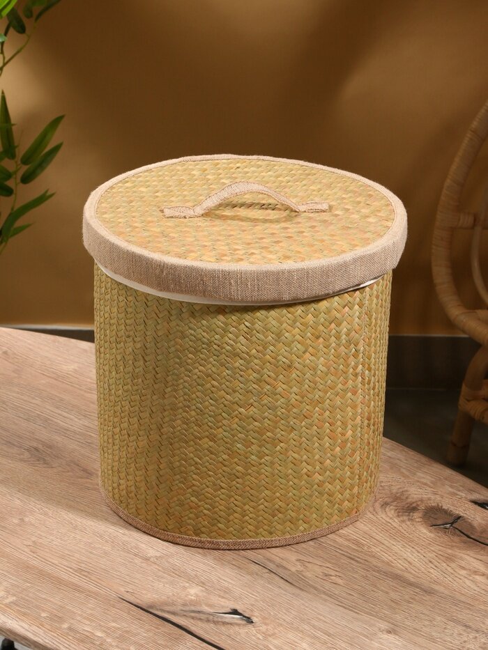 Корзина для белья с крышкой и тканевым подкладом, 30×30×30 см, ротанг
