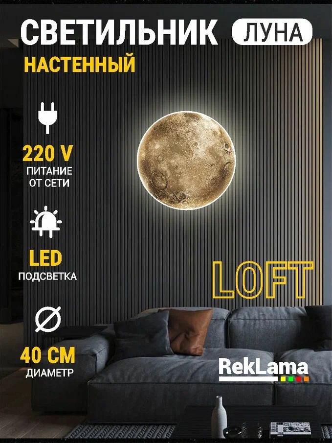 Светильник настенный светодиодный ночник для сна луна 40х40 см, теплый 3000K