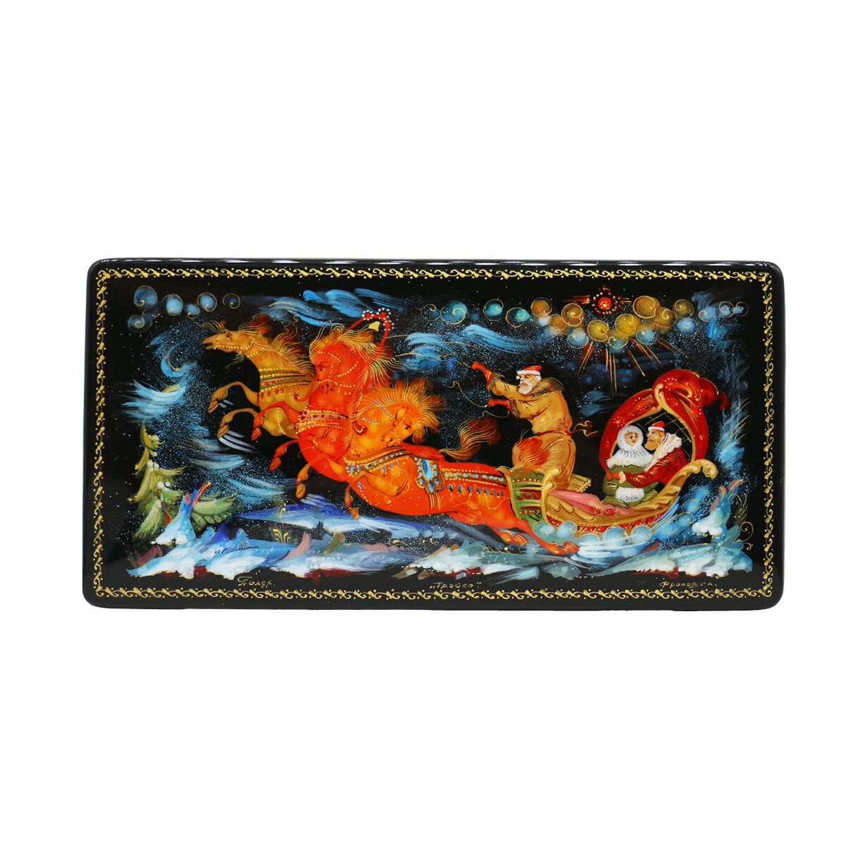 Шкатулка Палех Тройка зимняя, прямоугольник, авт. Фролов С. А.