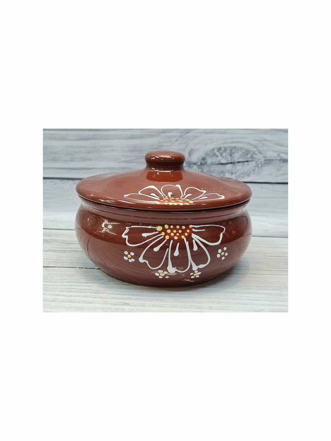 Пельменница малая "Ромашка коричневая", с крышкой, керамика, объем 1.25 л, диаметр 19 см, высота 12 см