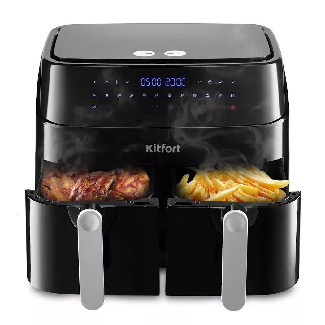 Аэрогриль Kitfort КТ-2250, 1450-1750 Вт, 9 л (2х4.5 л), 12 програм, 50-200°С с шагом 10°С, шнур 1 м