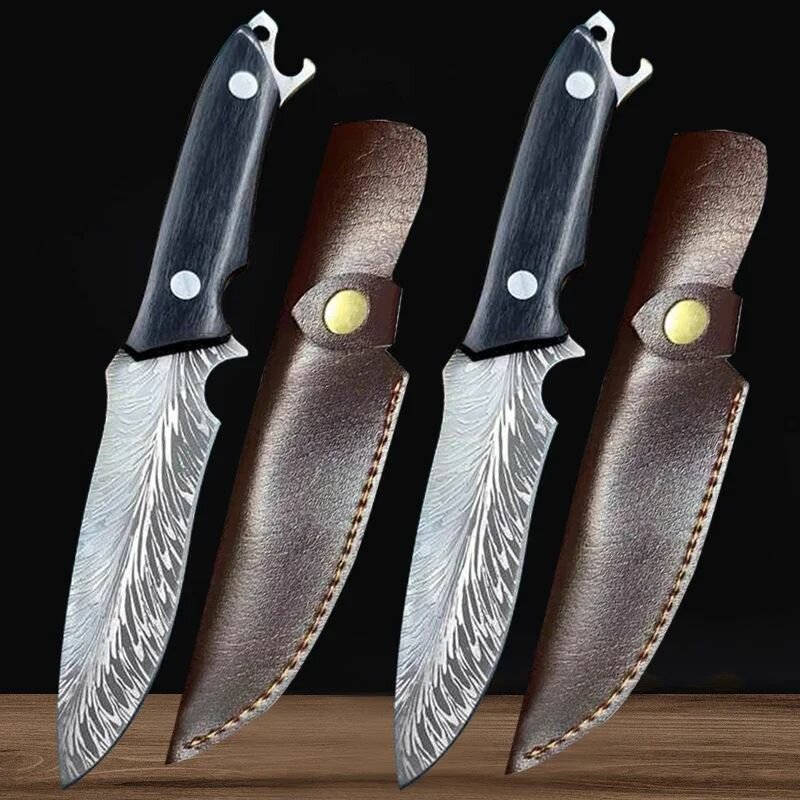 1-3pcs Нож охотничий, Нож туристический, сталь дамаск, с кожаным чехлом