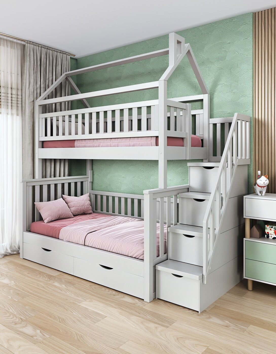 Двухъярусная кровать Лейла Домик №2 спальные места 90х190 и 120х190см, усиленная конструкция, цвет: Белая эмаль.