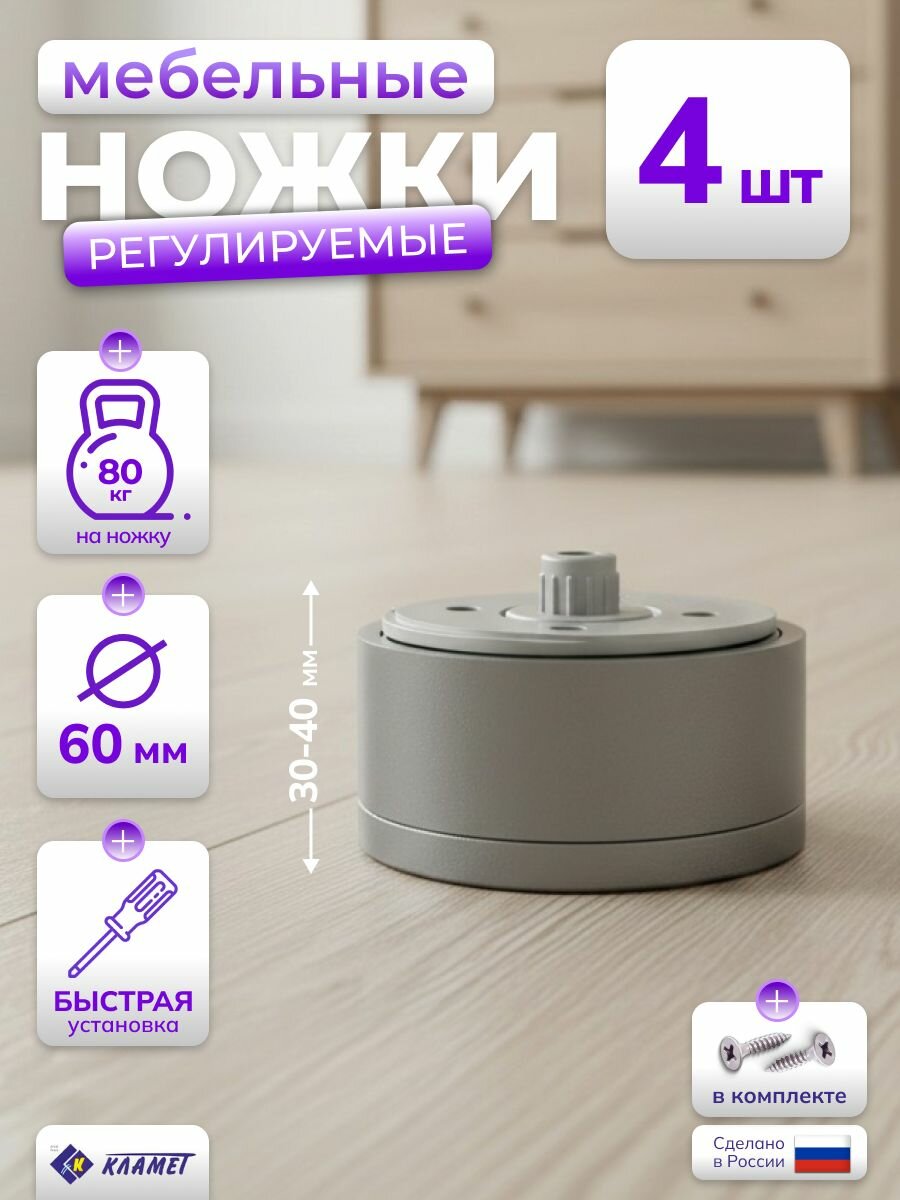 Ножки для мебели регулируемые цвет матовый хром 4 шт. высота 30-40 мм диаметр 60 мм / пластиковые мебельные опоры
