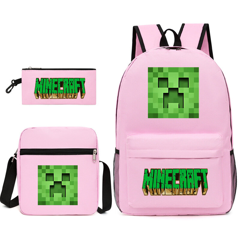 21 Популярные игры Minecraft Creeper Рюкзак Ручка Сумка Сумка из трех частей Холщовая школьная сумка 02