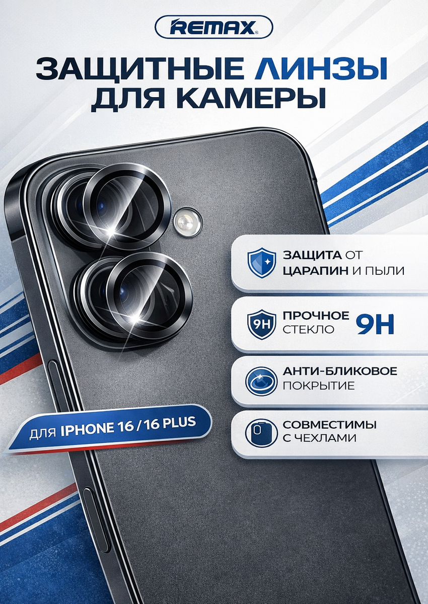 REMAX линзы защитные для камеры iPhone 16 / 16 Plus, стекло на объектив, 2 штуки, черные