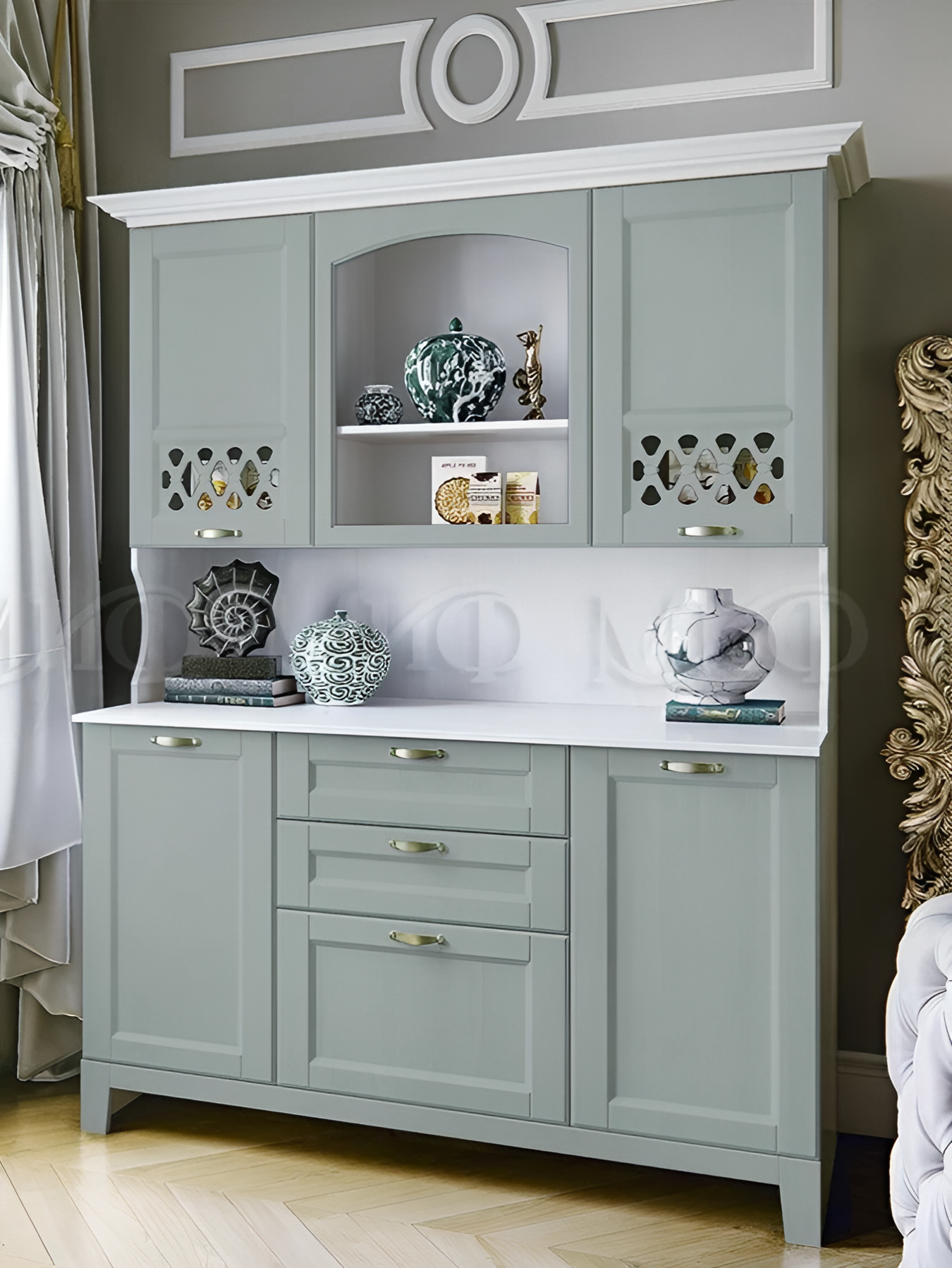 Буфет прямой с полками Милано шарли бриз/белый миф, Мебельный рай