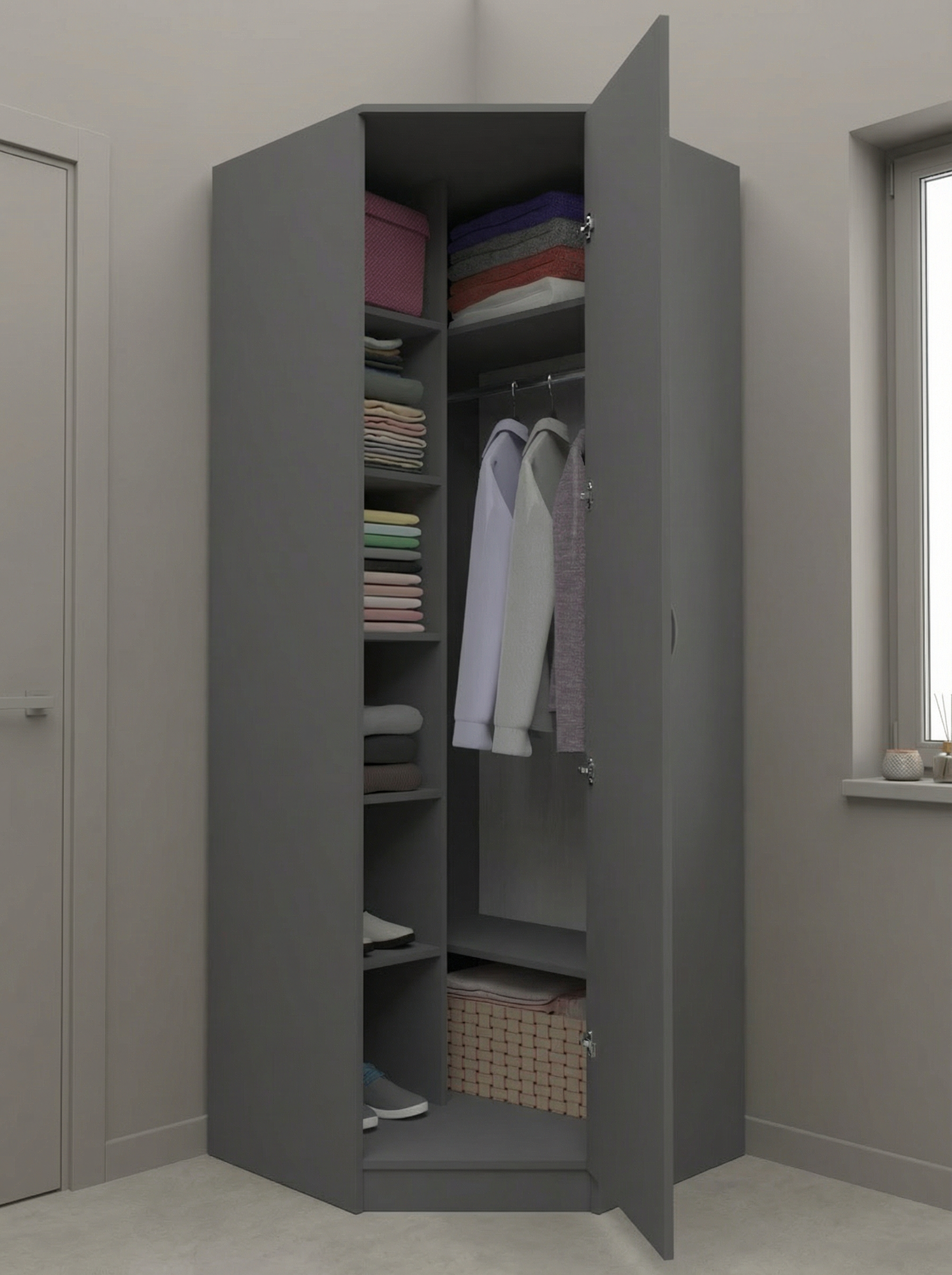 Шкаф угловой распашной Анри-1 с 8 полками и штангой для вешалок, графит