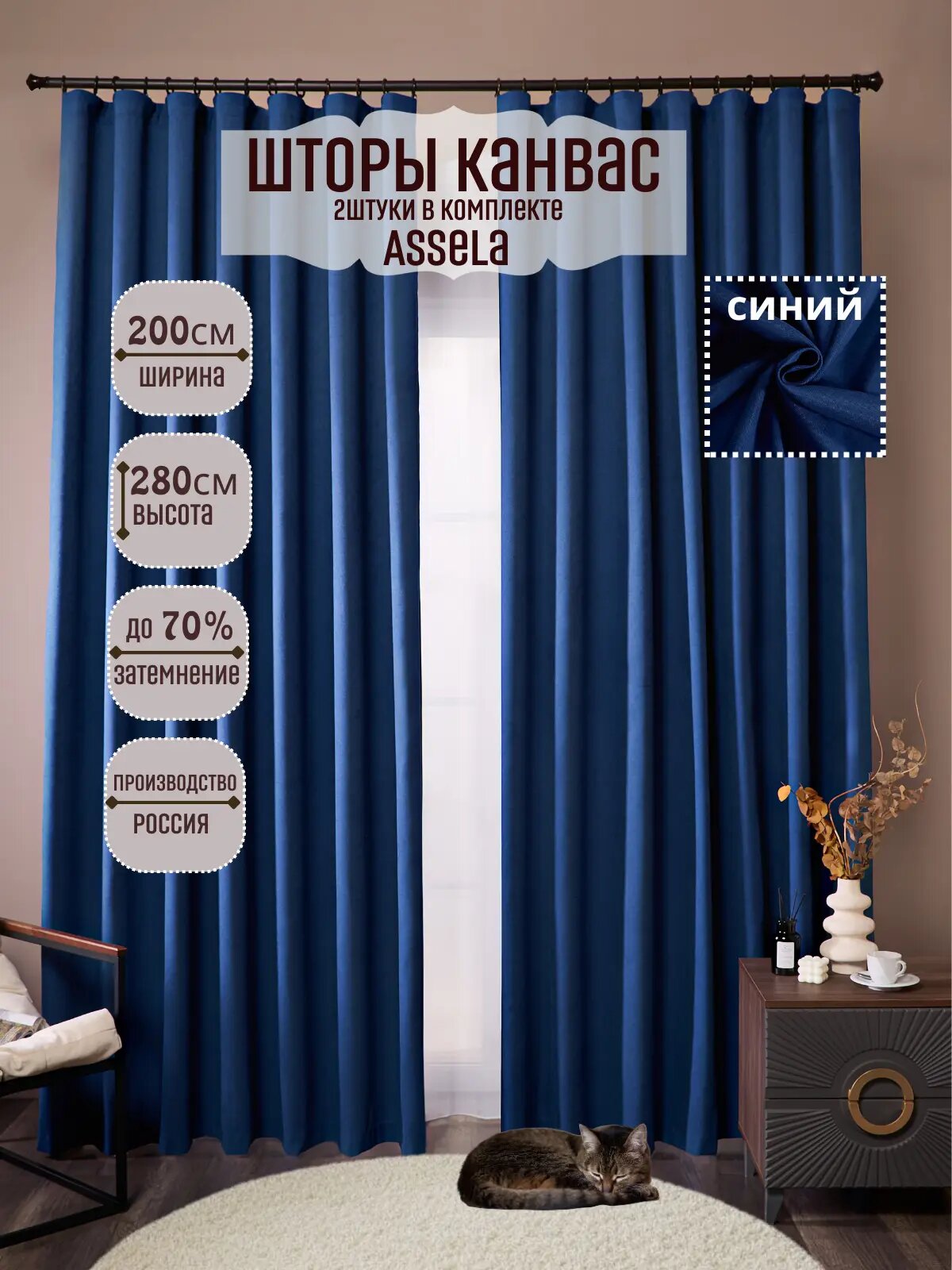 Шторы синие, 200x280 см, комплект из 2 шт, из канваса, плотные