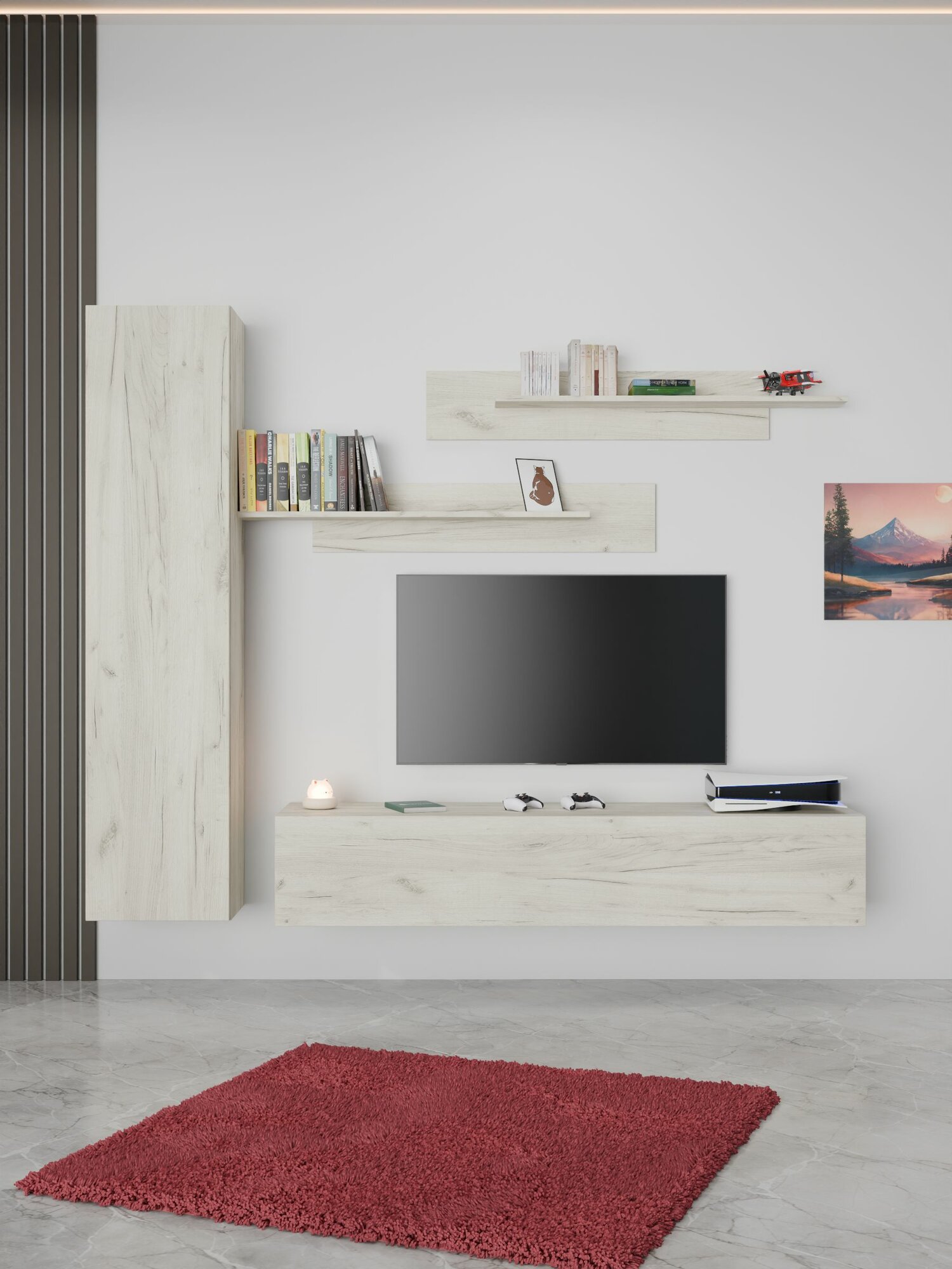 Стенка в гостиную, стенка для гостиной Флекс, подвесная 200х170х40 см (ШхВхГ), дуб крафт белый