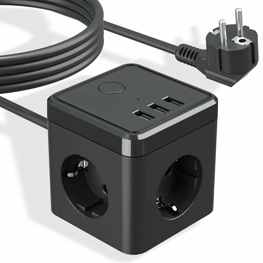 HITRENDS Тройная розетка-удлинитель с USB, 3 AC и 3 USB разъема, кабель 2 метра, черная