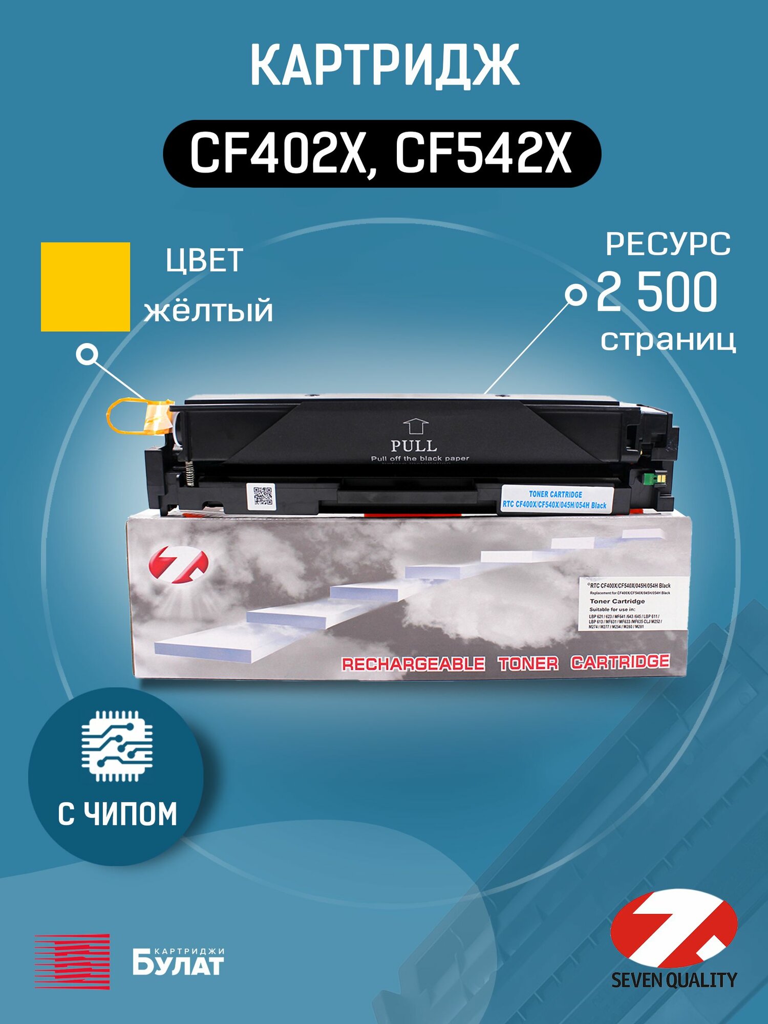 Тонер-картридж 7Q CF402X, CF542X, 045HY, 054HY для HP CLJ M252, CLJ M254, Canon LBP611, LBP621 (Жёлтый, 2500 стр.), универсальный