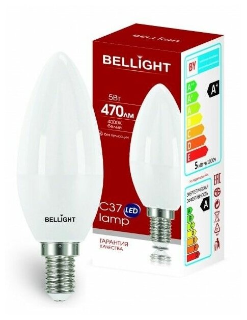4шт/уп. Лампа LED Свечка 5Вт 230B C37 E14 470Лм 4000К Свет Нейтральный белый арт. 82725 Bellight, уп. 4шт