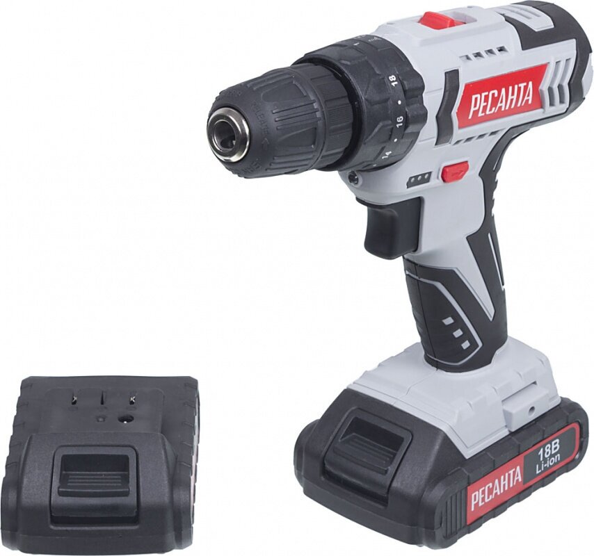 Ударная дрель-шуруповерт РЕСАНТА ДА-18-2ЛК-У, 2Ач, с двумя аккумуляторами [75/14/6]