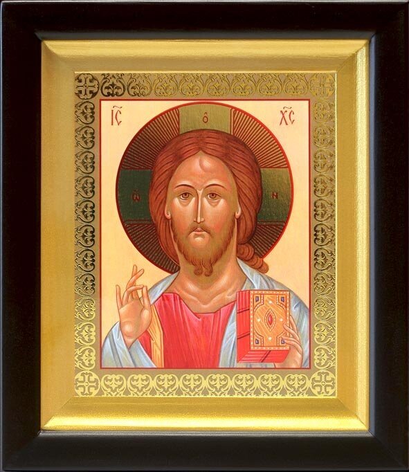 Спас Вседержитель (лик № 027), икона в темном деревянном киоте 14,5*16,5 см