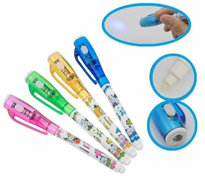 Ручка-шпион с невидимыми чернилами + ультрафиолетовый фонарик набор 4 шт