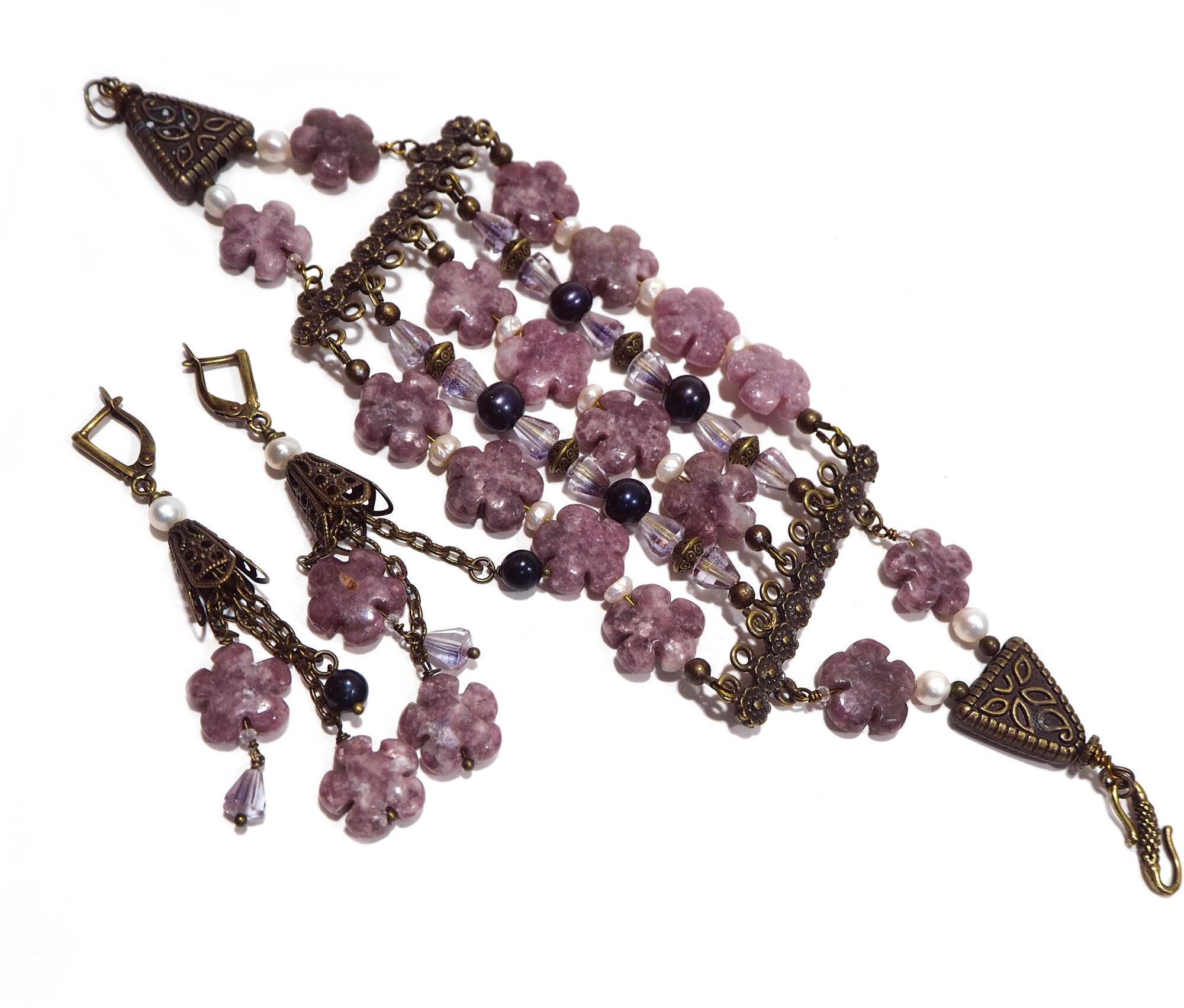 Комплект бижутерии: серьги, браслет, жемчуг культивированный, стекло, жемчуг пресноводный, лепидолит, жемчуг пресноводный культивированный