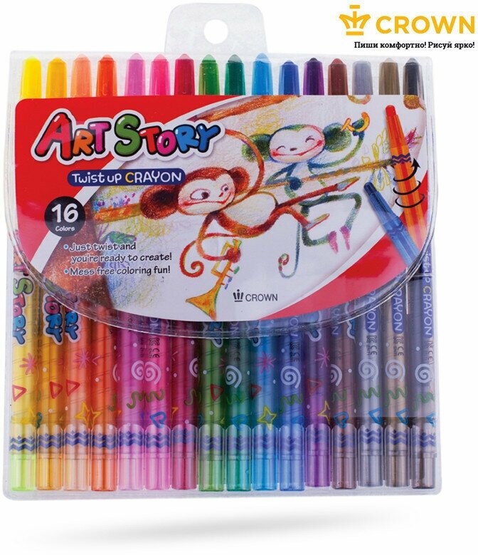 Карандаши восковые Crown "ArtStory", 16цв, выкручивающийся стержень, ПВХ, европодвес, 225400