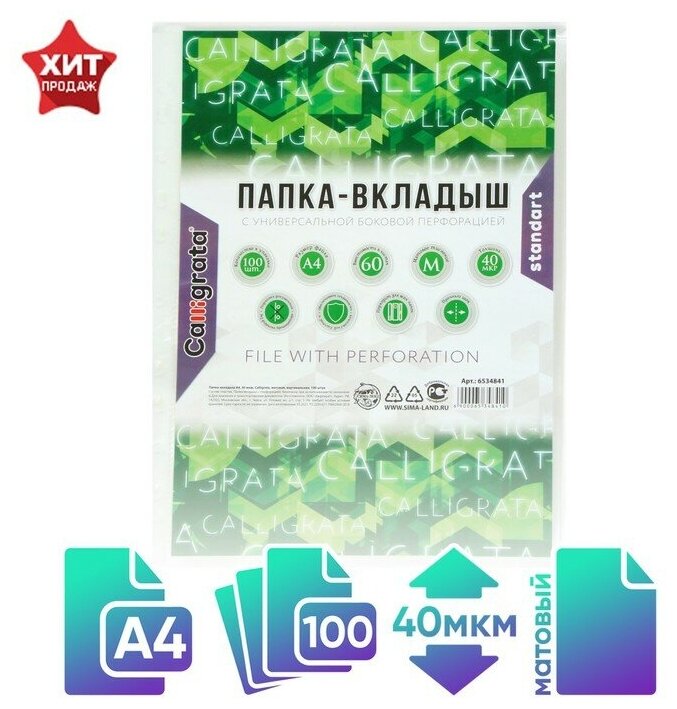 Файл-вкладыш А4, 40 мкм, Calligrata, матовый, вертикальный, 100 штук
