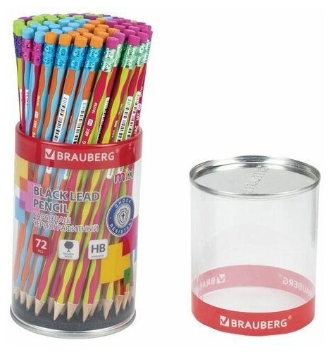 Карандаш чернографитный BRAUBERG "MIX", 1 шт, HB, с ластиком, корпус ассорти, 181760
