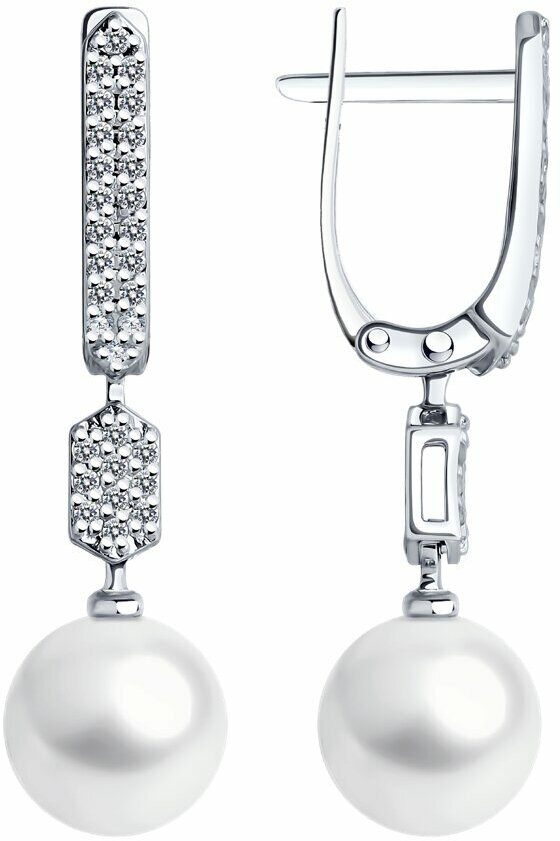 Серьги с подвесками, белое золото, 585 проба, жемчуг пресноводный культивированный, бриллиант