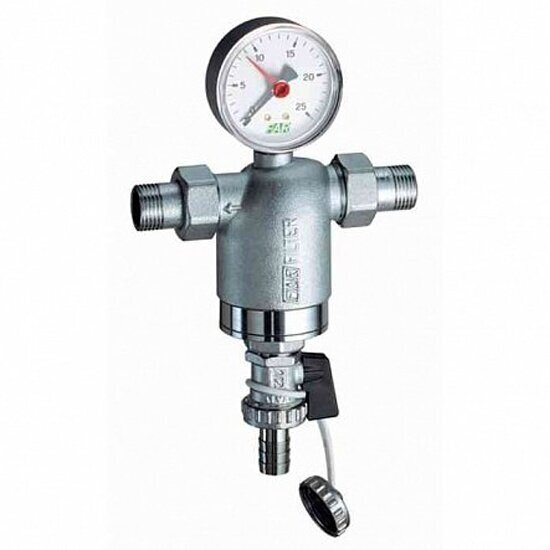 Фильтр Far 1/2" НР-НР, с манометром, 100мкм, Max: 95 °C, 25 бар