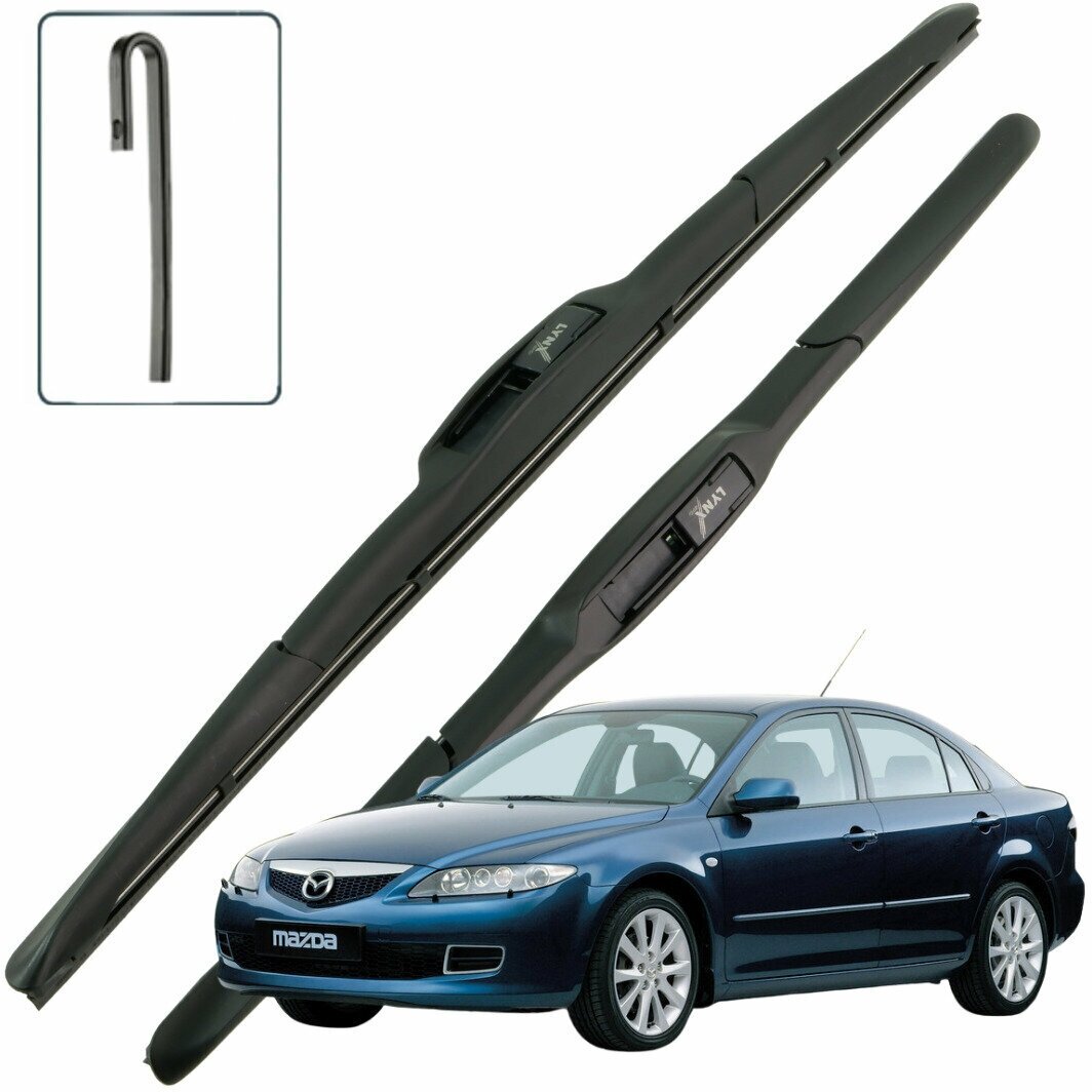 Дворники Mazda 6 (1) GG / Мазда 6 ГГ лифтбек рест. 2005 / 2006 / 2007 / 2008 Щетки стеклоочистителя гибридные ОЕМ для автомобиля LYNXauto 550мм-480мм к-т 2шт.