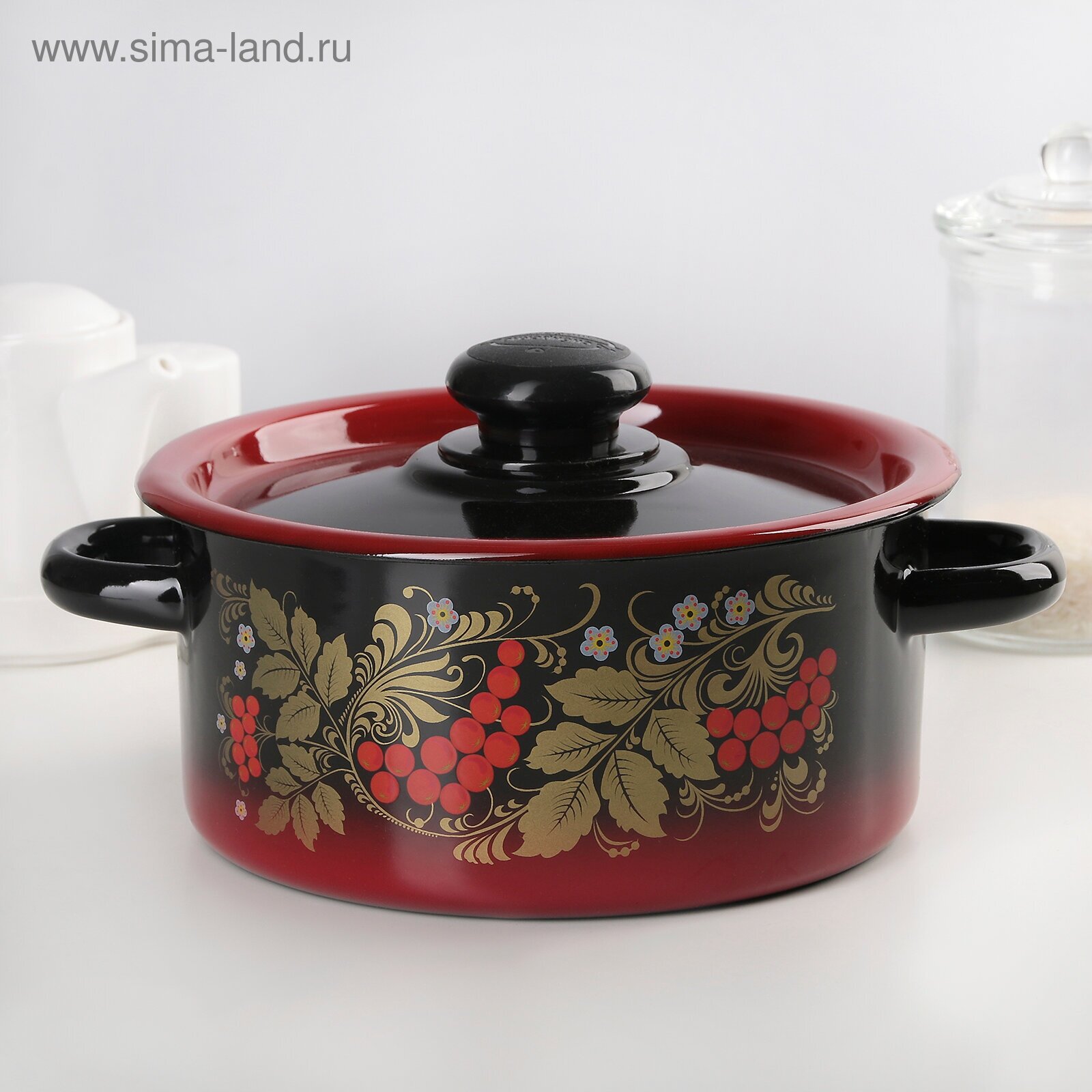 Кастрюля эмалированная «Рябинушка», 2 л, d=18 см, с крышкой, ручка микс, чёрная, красная