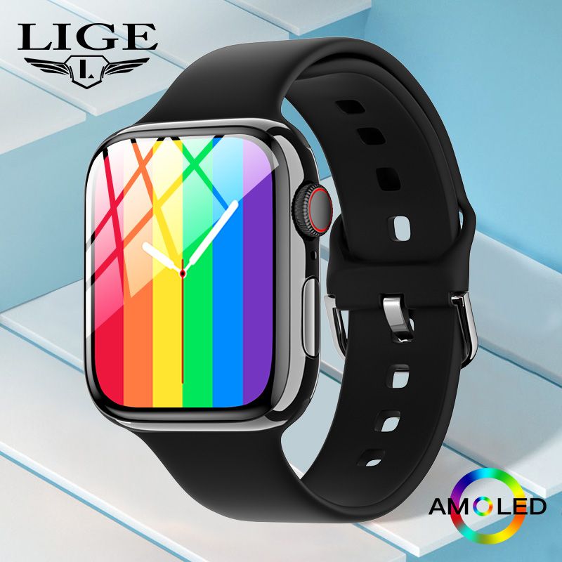 LIGE Смарт-часы мужские, женские с влагозащитой/Для Apple и Android/часы смарт AMOLED дисплей Функция мониторинга состояния здоровья и совершения звонков по Bluetooth, 47mm, Черная силиконовая лента
