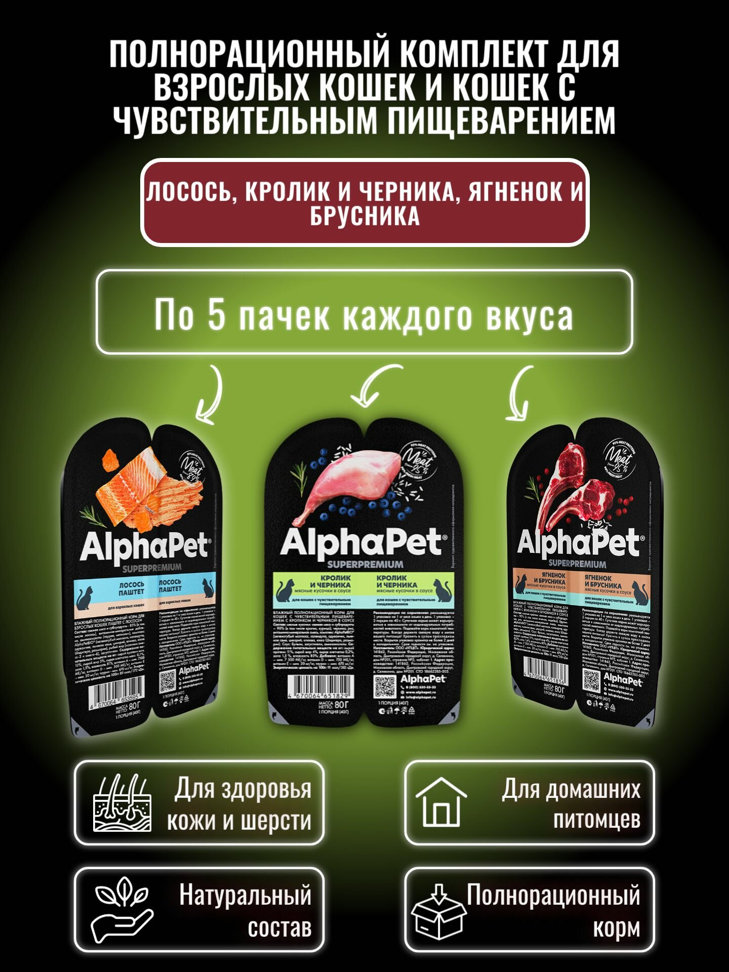 AlphaPet Superpremium / Комплект для взрослых кошек и котов и кошек с чувствительным пищеварением, 3 вкуса (Лосось, Кролик, Ягнёнок), 15 шт
