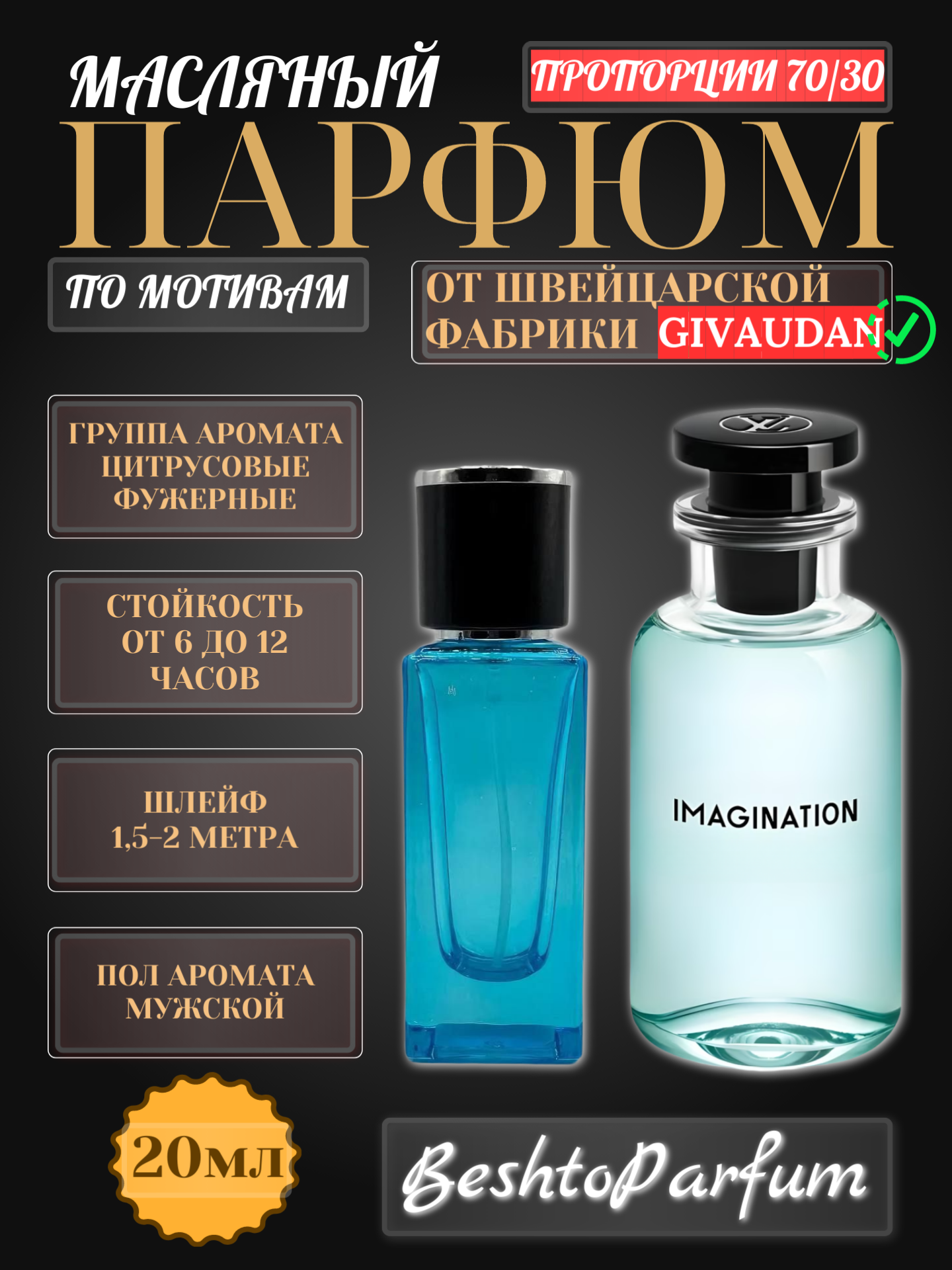 Масляные духи по мотивам Louis Vuitton Imagination — стойкий свежий мужской нишевый аромат / 20мл