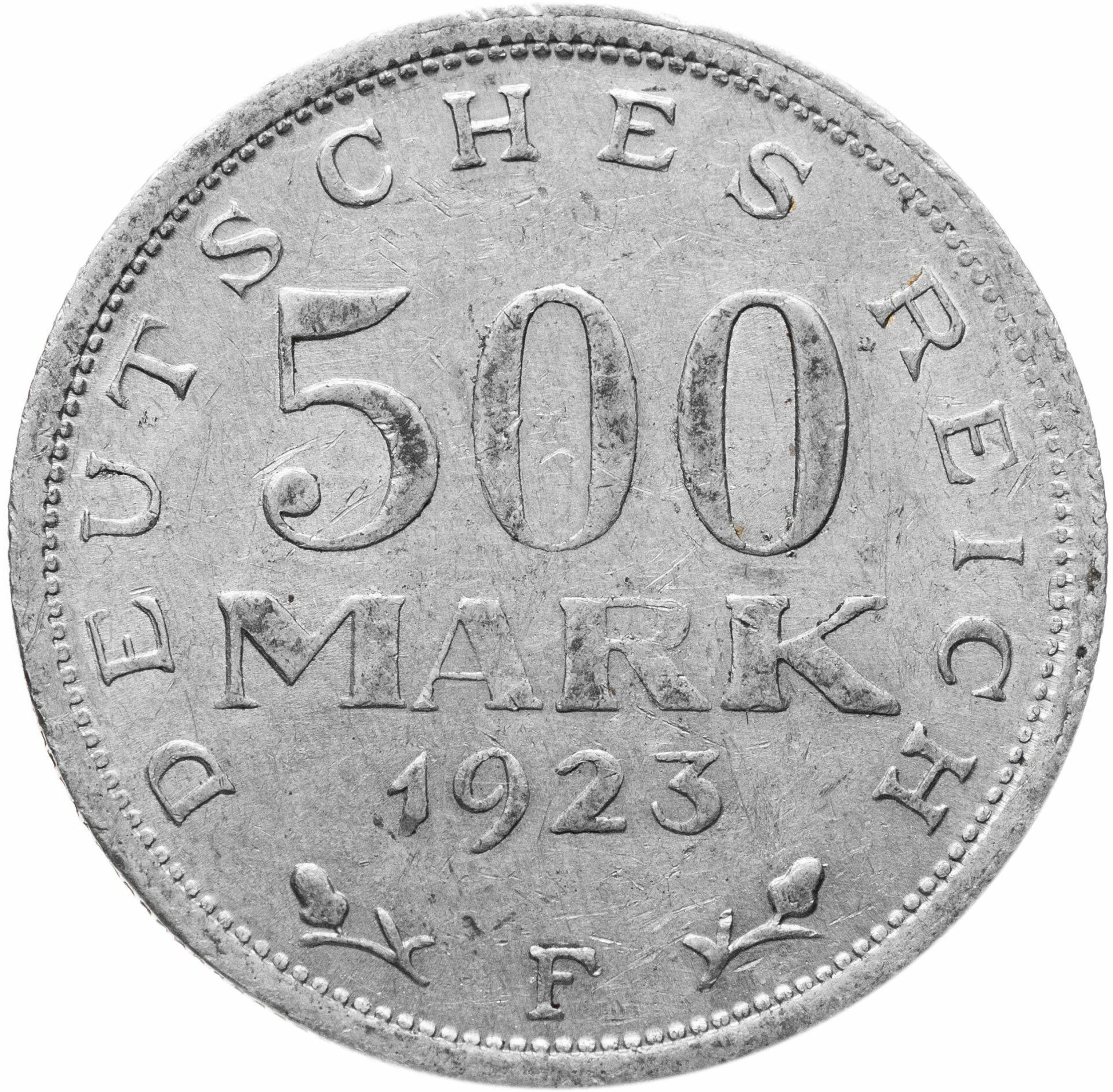 Германия 500 марок mark 1923, знак монетного двора "F" — Штутгарт, Алюминий, в сохранности VF