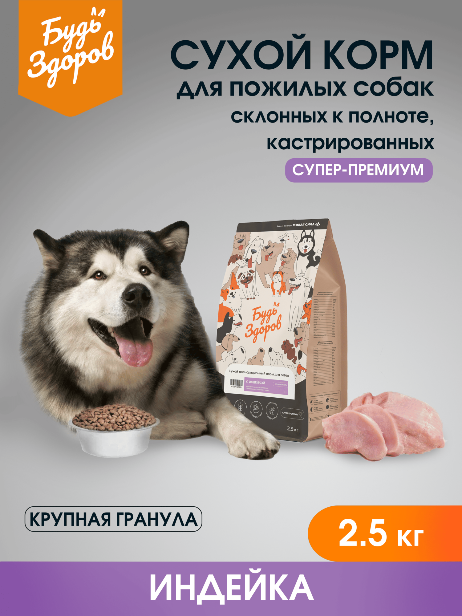 Будь Здоров корм сухой с индейкой для взрослых собак 2.5 кг крупная гранула