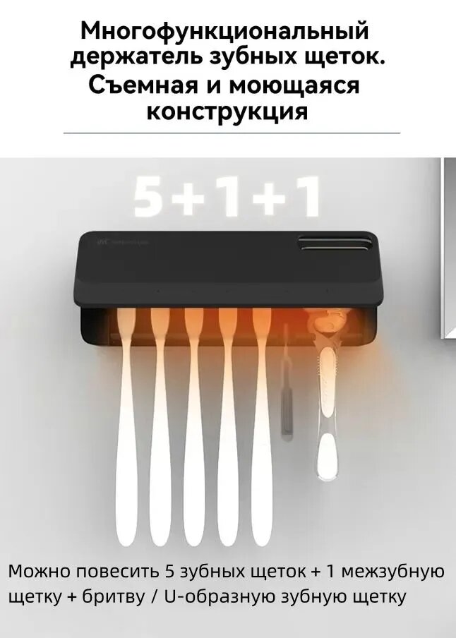 XiaomiУмный УФ стерилизатор футляр чехол держатель для зубной щетки и бритвы Mijia Матовый черный/ Держатель для зубных щеток