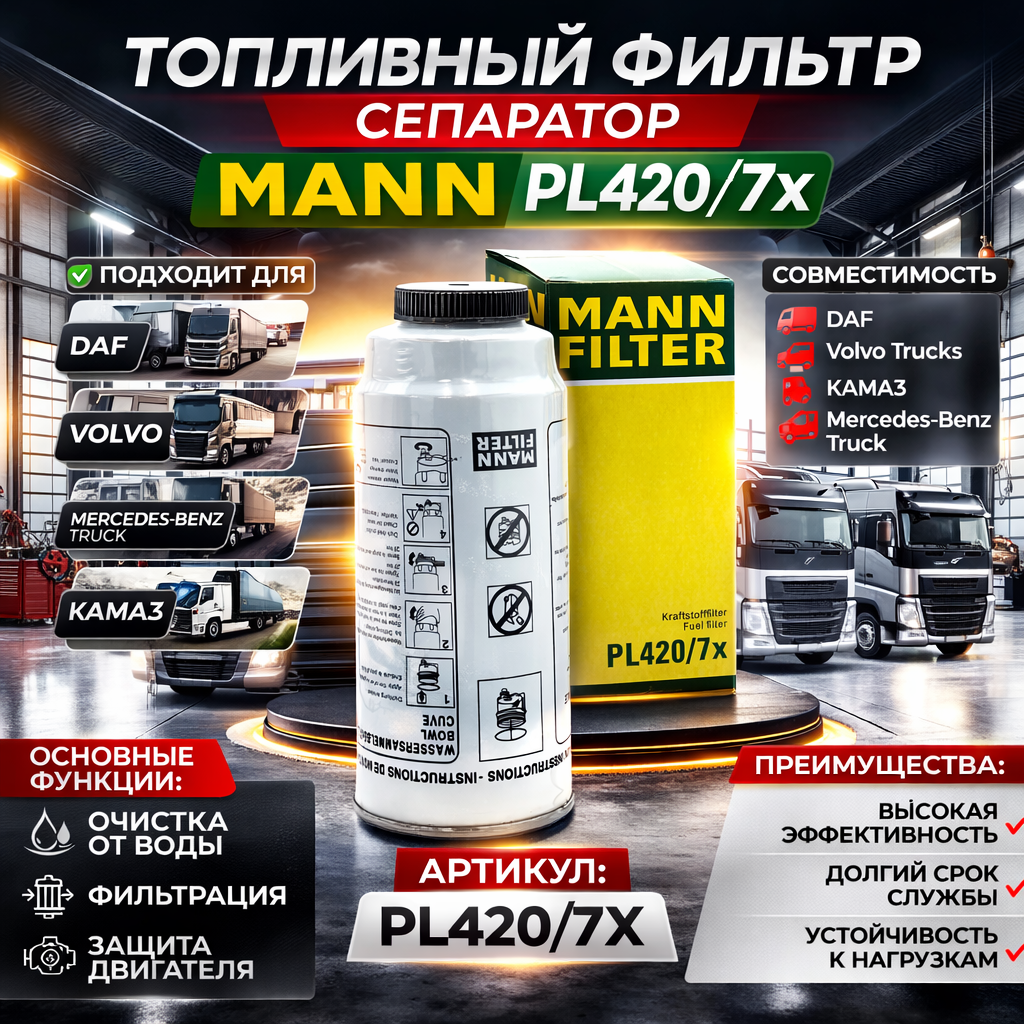 Фильтр топливный сепаратор MANN PL420/7X Подходит: DAF Volvo Truck КамАЗ Mercedes-Benz Truck