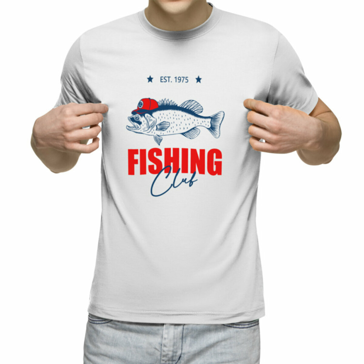 Мужская футболка «Рыболовный клуб. Рыбалка. Рыбка в кепке» (белый, XL)