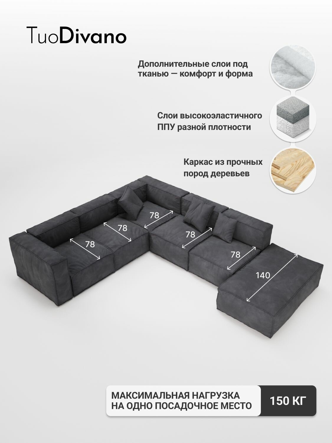 Диван TuoDivano "Трапани", модульный, микровелюр, серый — фото 1
