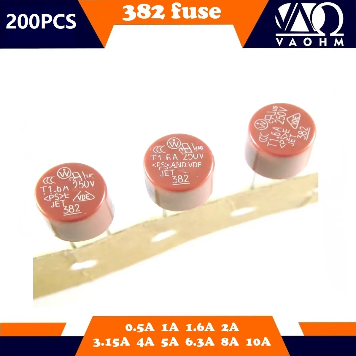 10 шт. цилиндрических предохранителей VAOHM 382 T2A 0.5A-10A