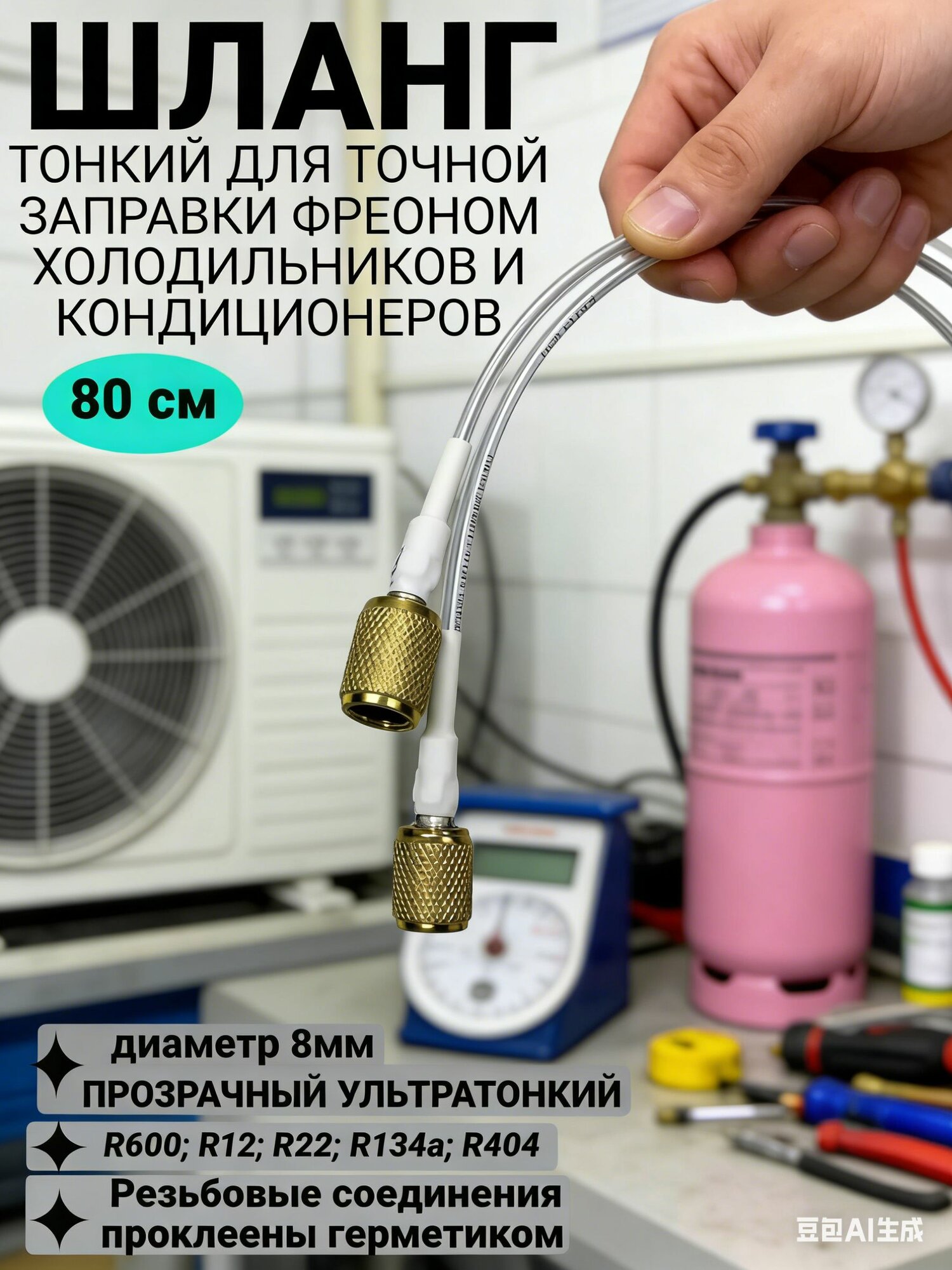 Шланг тонкий для точной заправки холодильников и кондиционеров фреоном; 80 см; 8 мм; для R600; R12; R22; R134а; R404; прозрачный; полиуретановый