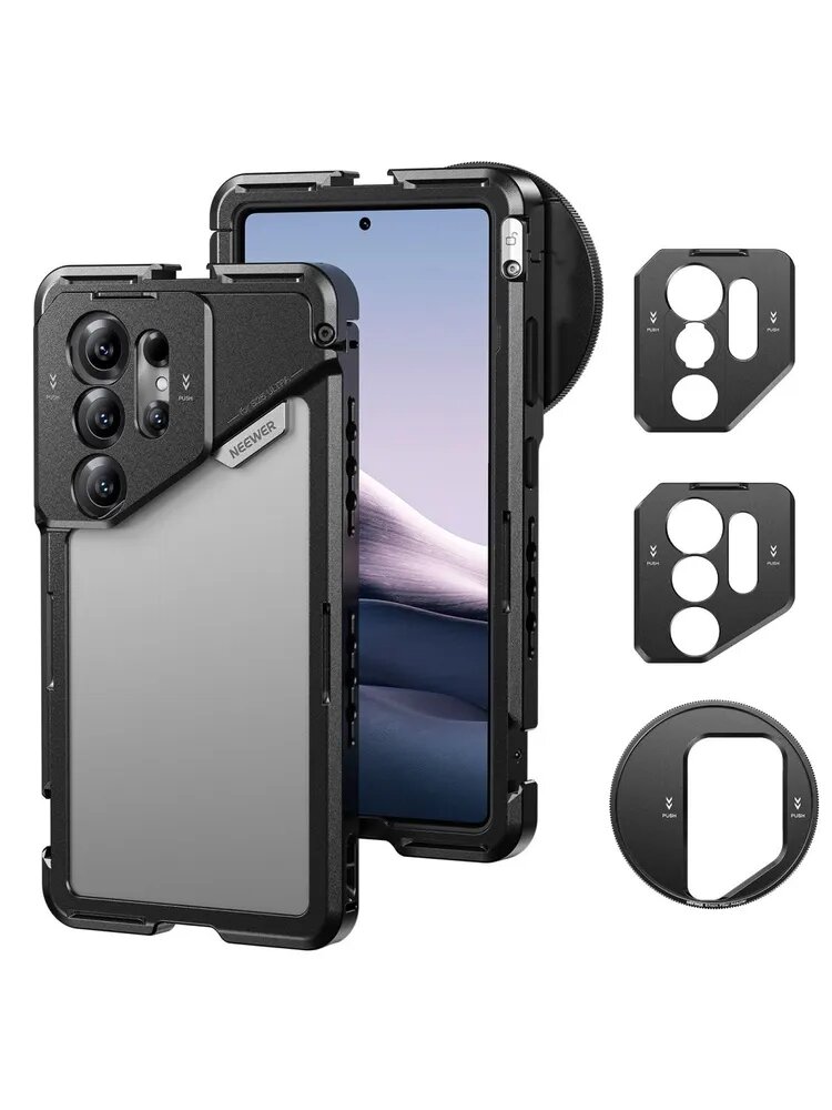 Стабилизатор NEEWER Mobile Video Rig в виде клетки для смартфона Galaxy S25 Ultra с адаптером для 67 мм фильтров, тыльной пластиной для 17 мм объективов и T-адаптером для объективов
